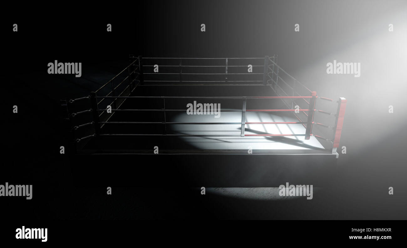 A 3D render of a modern boxing ring with a blue and red area spotlit ...