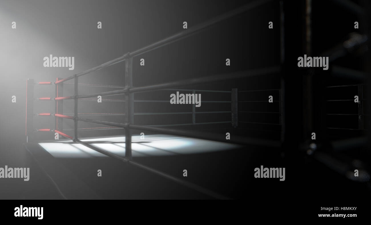 A 3D render of a modern boxing ring with a blue and red area spotlit ...