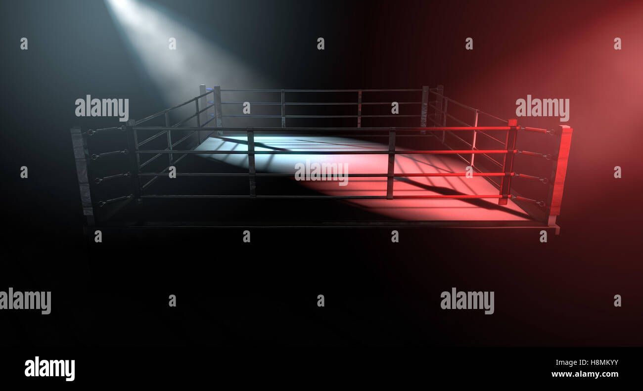A 3D render of a modern boxing ring concept with opposing corners ...