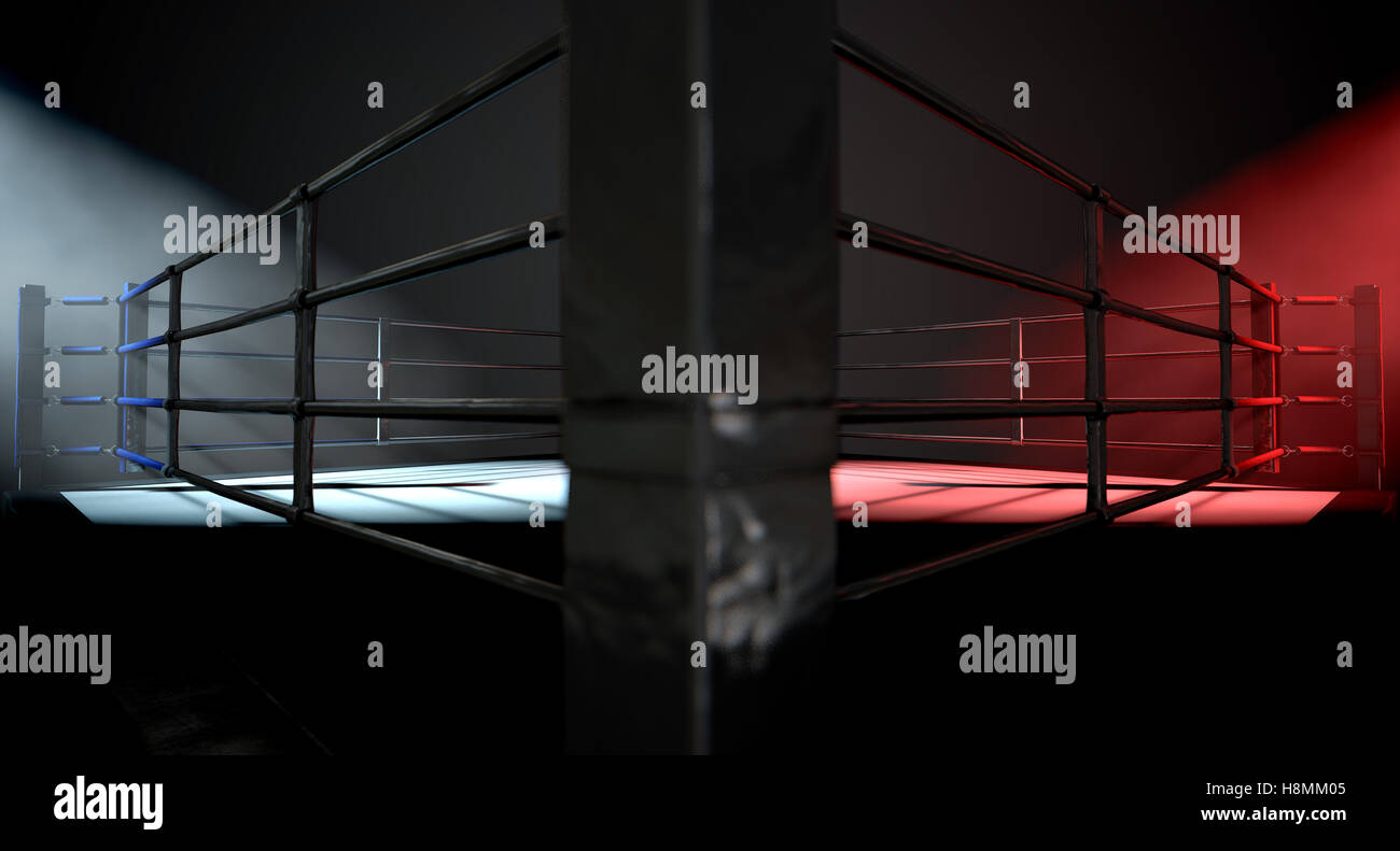 A 3D render of a modern boxing ring concept with opposing corners ...