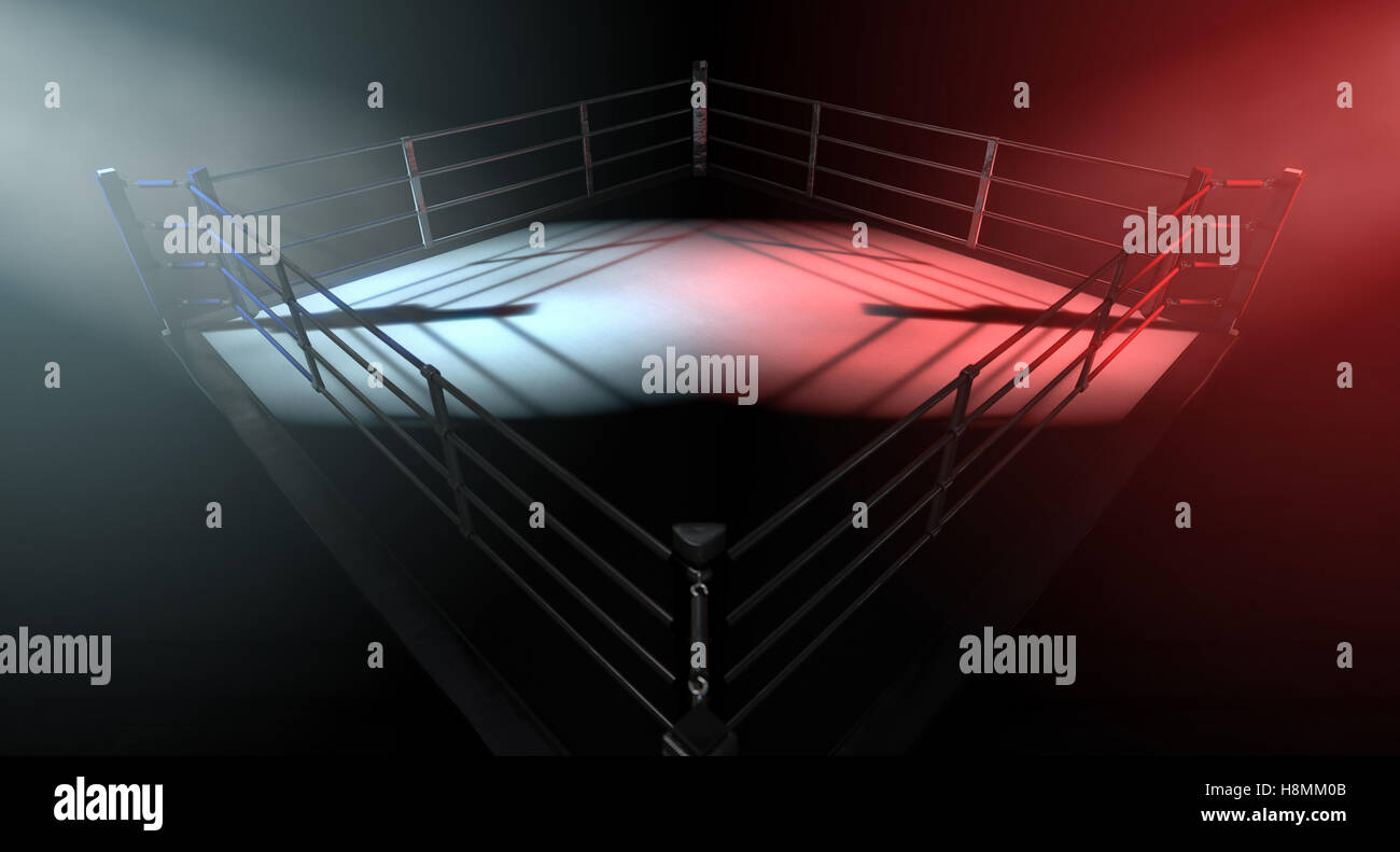 A 3D render of a modern boxing ring concept with opposing corners ...