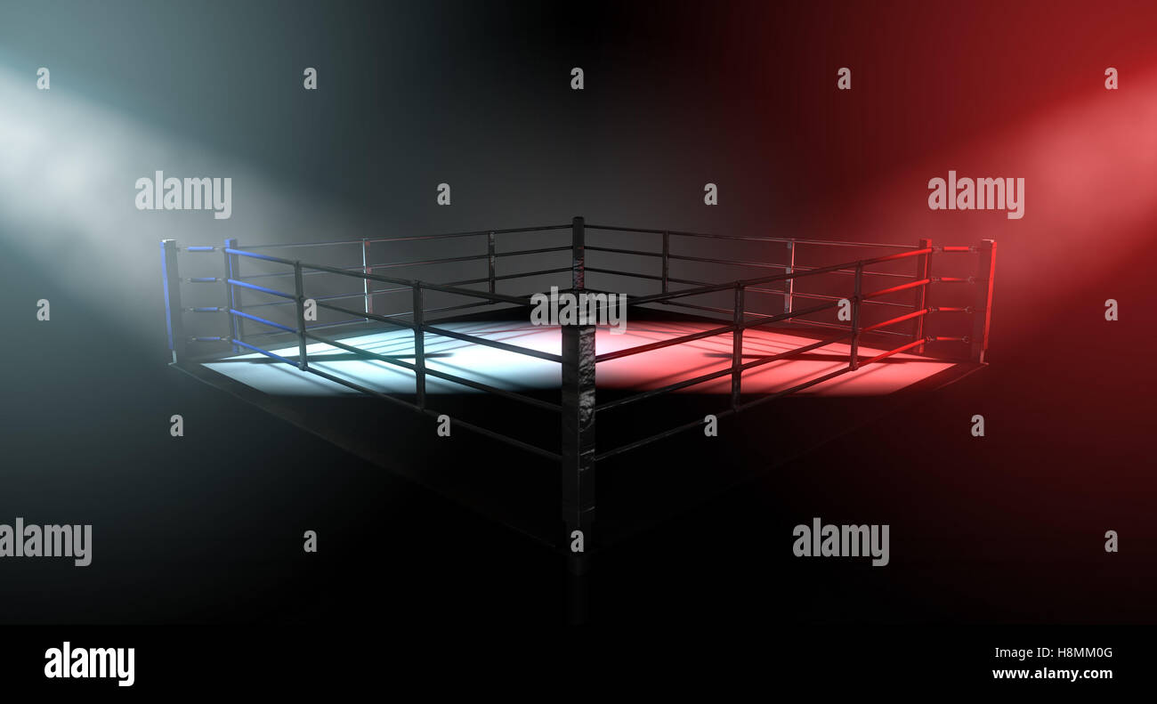 A 3D render of a modern boxing ring concept with opposing corners ...