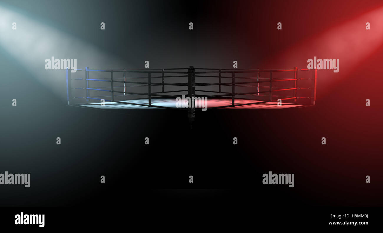 A 3D render of a modern boxing ring concept with opposing corners ...