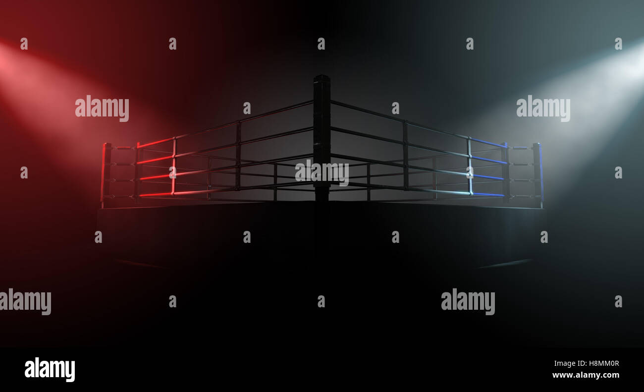 A 3D render of a modern boxing ring concept with opposing corners ...