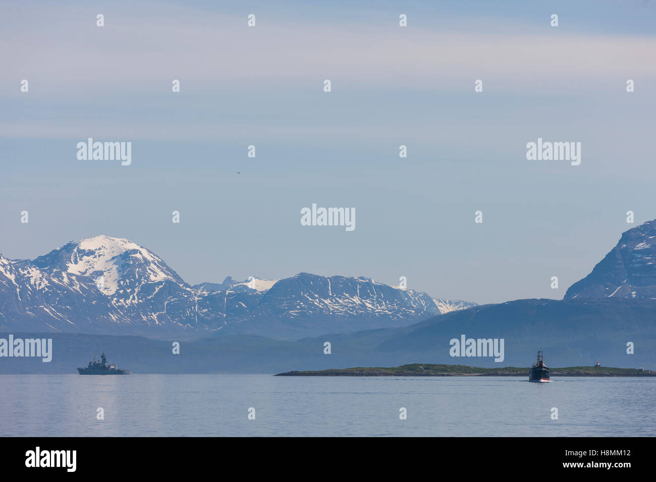 Navy ship. Lofoten Islands, Norway,. Shipping in the Tysfjord, Bognes ...