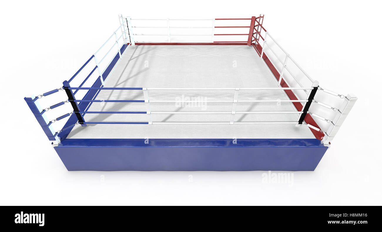 A 3D render of a modern boxing ring with opposing blue and red corners ...