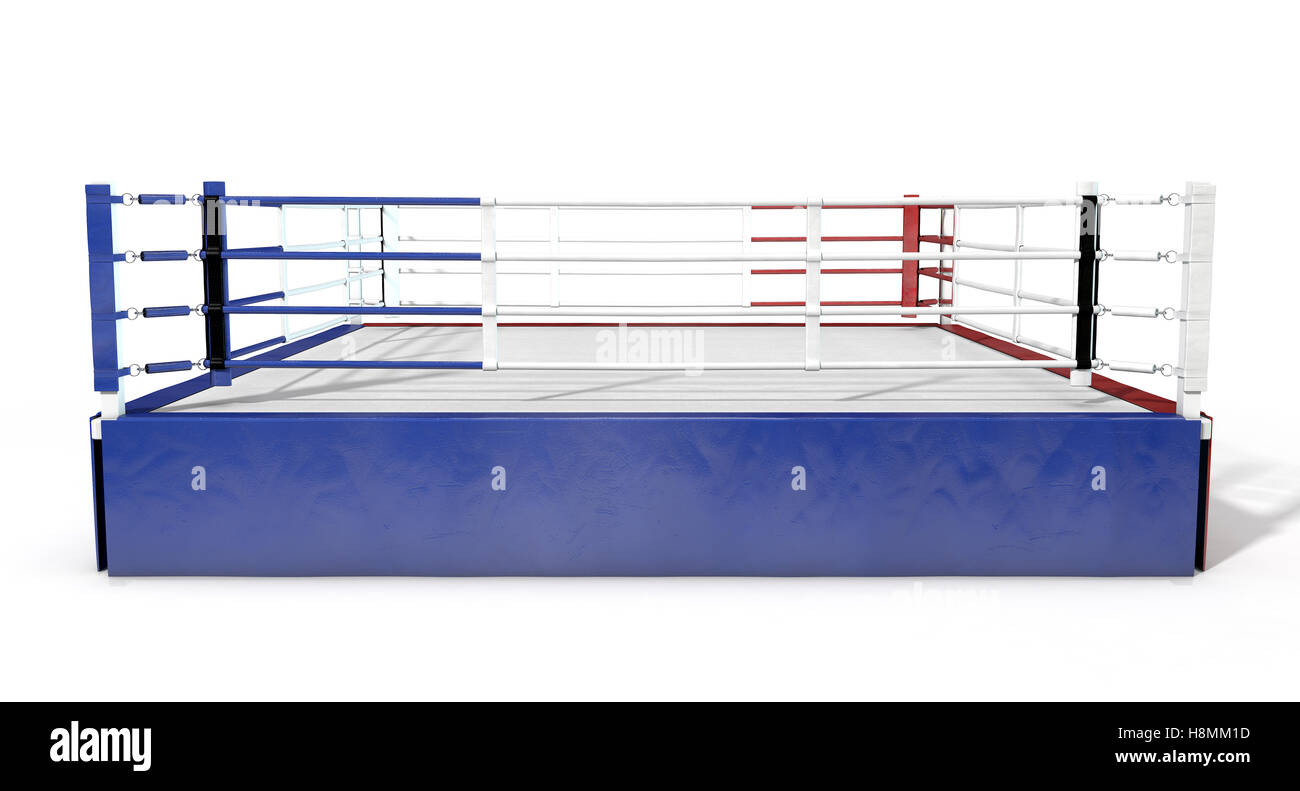 A 3D render of a modern boxing ring with opposing blue and red corners ...