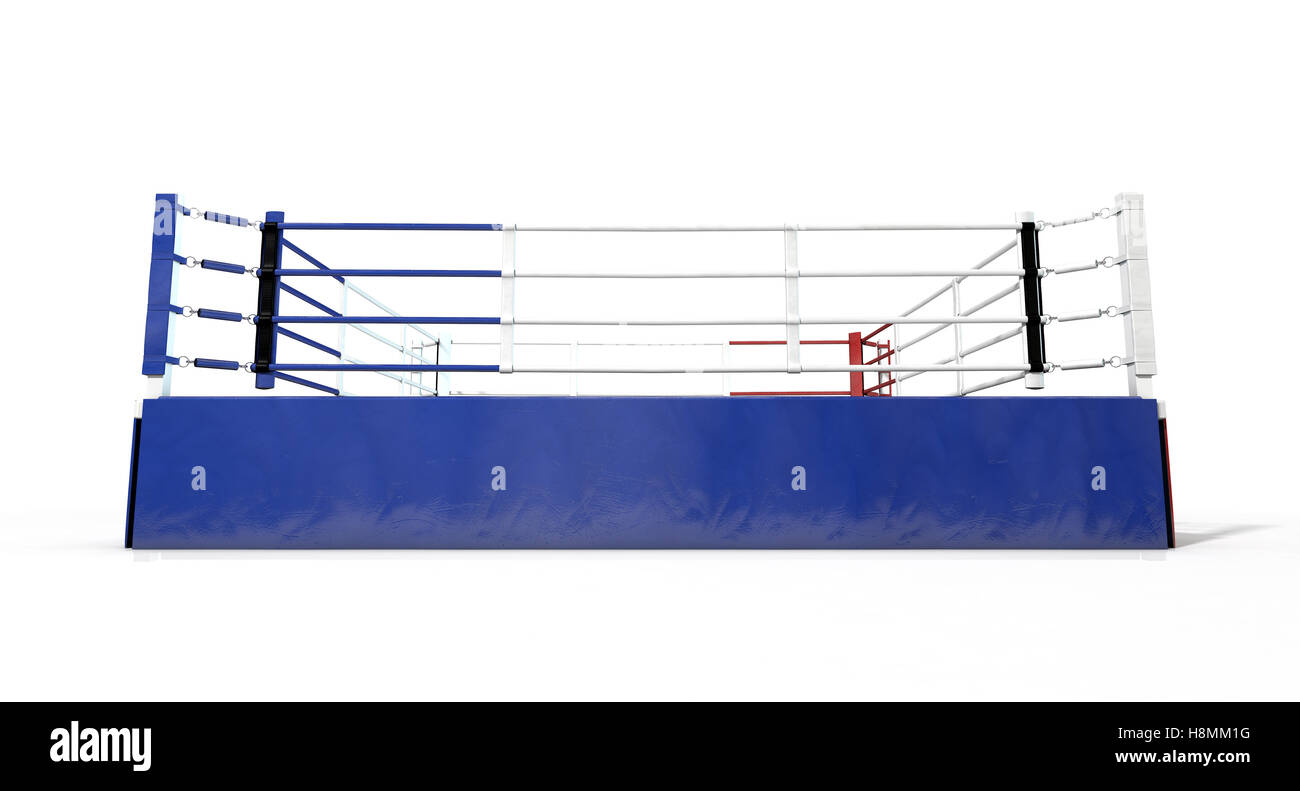 A 3D render of a modern boxing ring with opposing blue and red corners ...