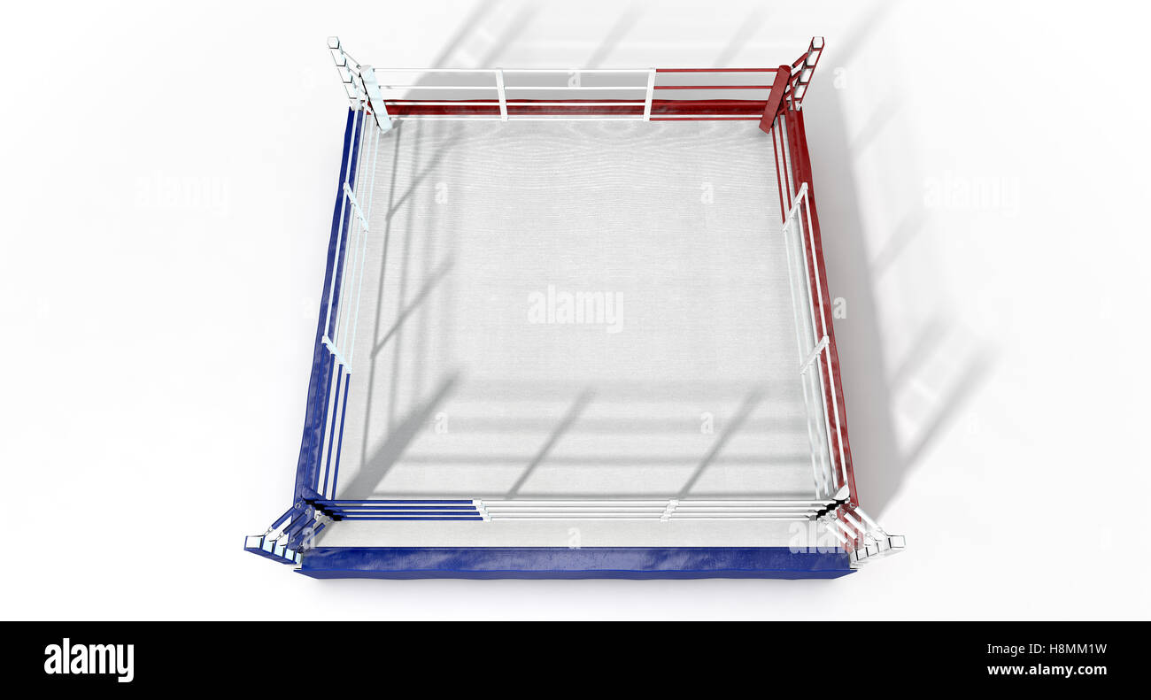 A 3D render of a modern boxing ring with opposing blue and red corners ...