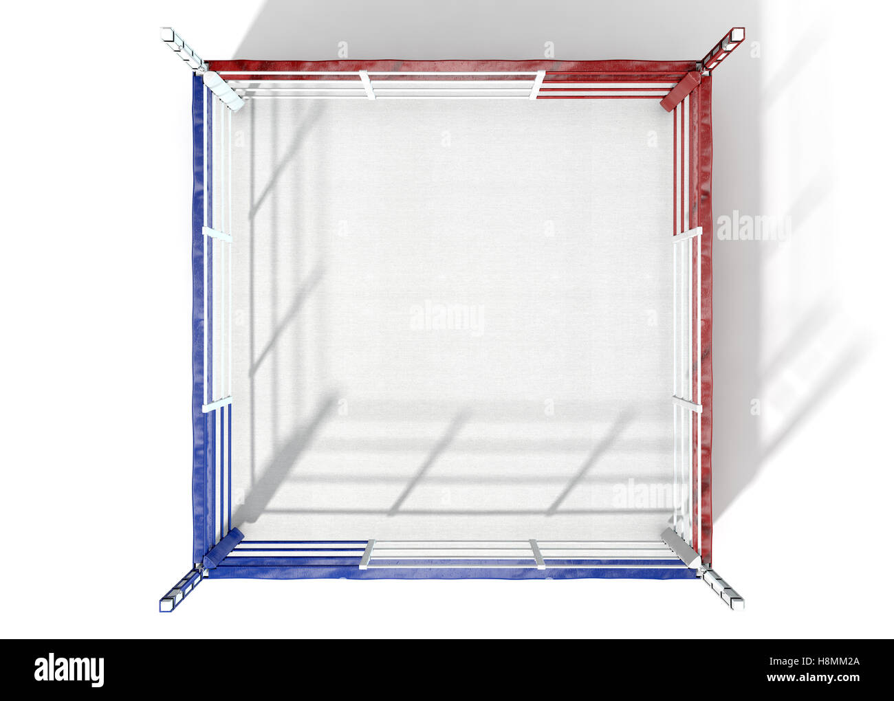 A 3D render of a modern boxing ring with opposing blue and red corners ...