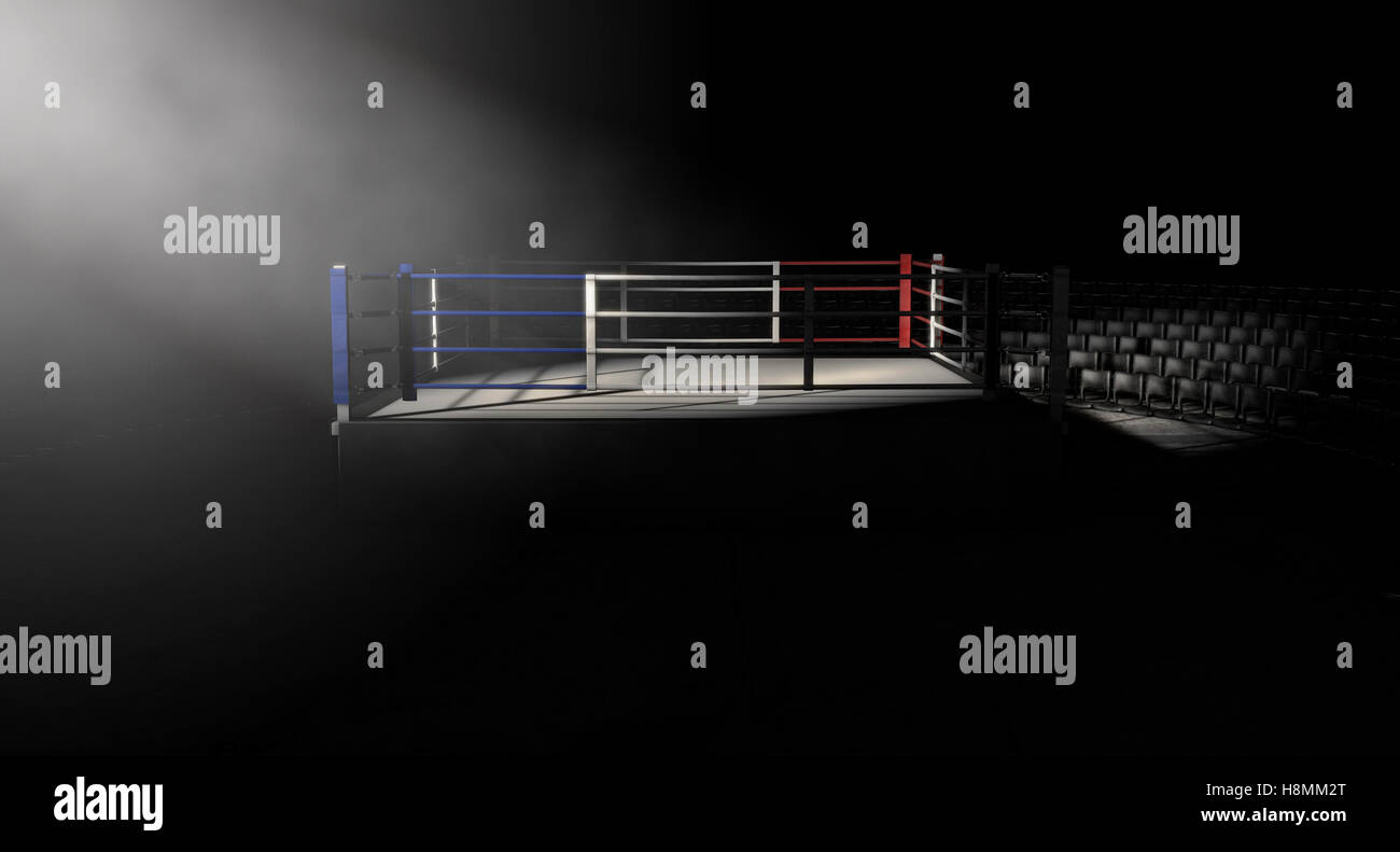 A 3D render of a modern boxing ring with a blue and red area spotlit ...
