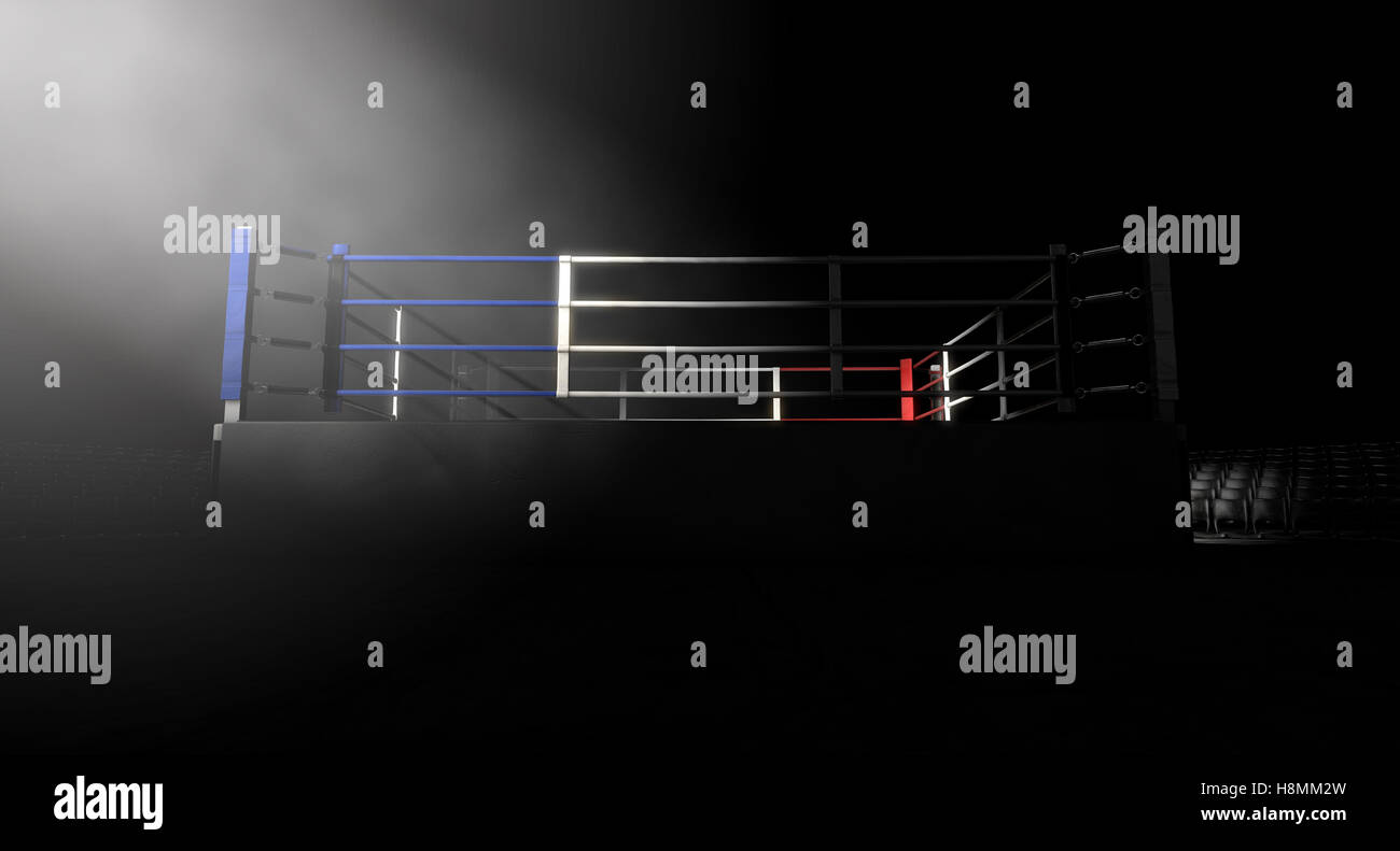 A 3D render of a modern boxing ring with a blue and red area spotlit ...