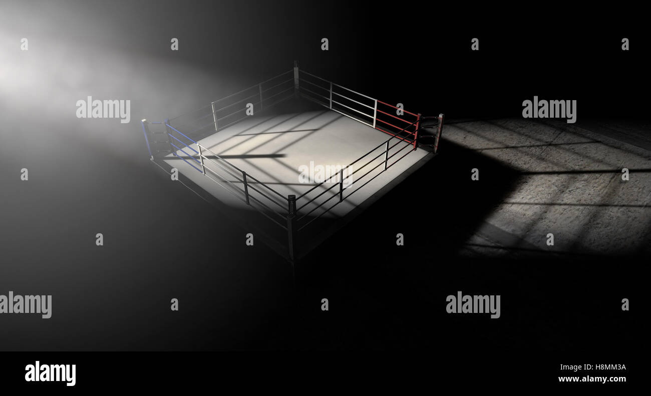 A 3D render of a modern boxing ring with a blue and red area spotlit ...