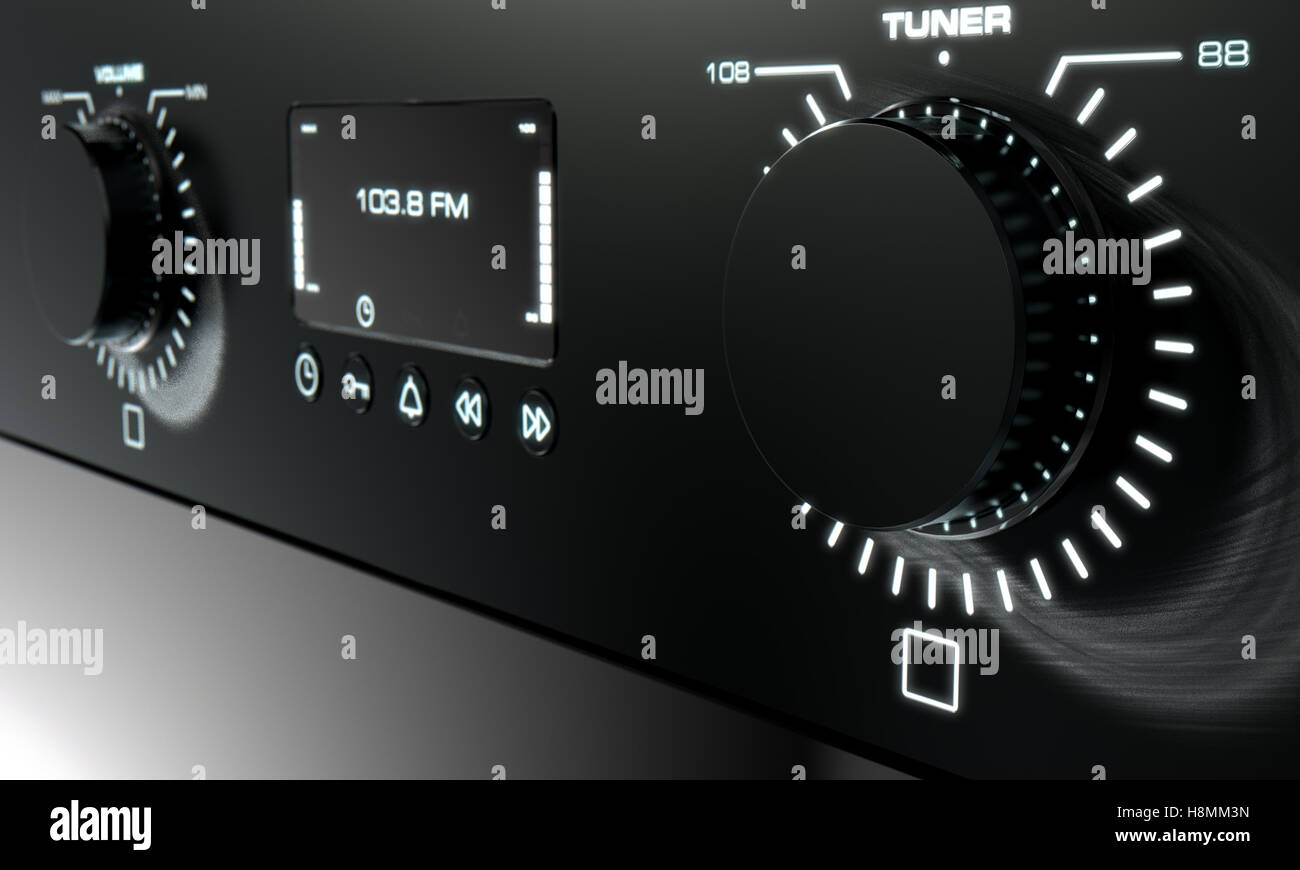 A 3D render closeup of the front face of a modern black radio with ...