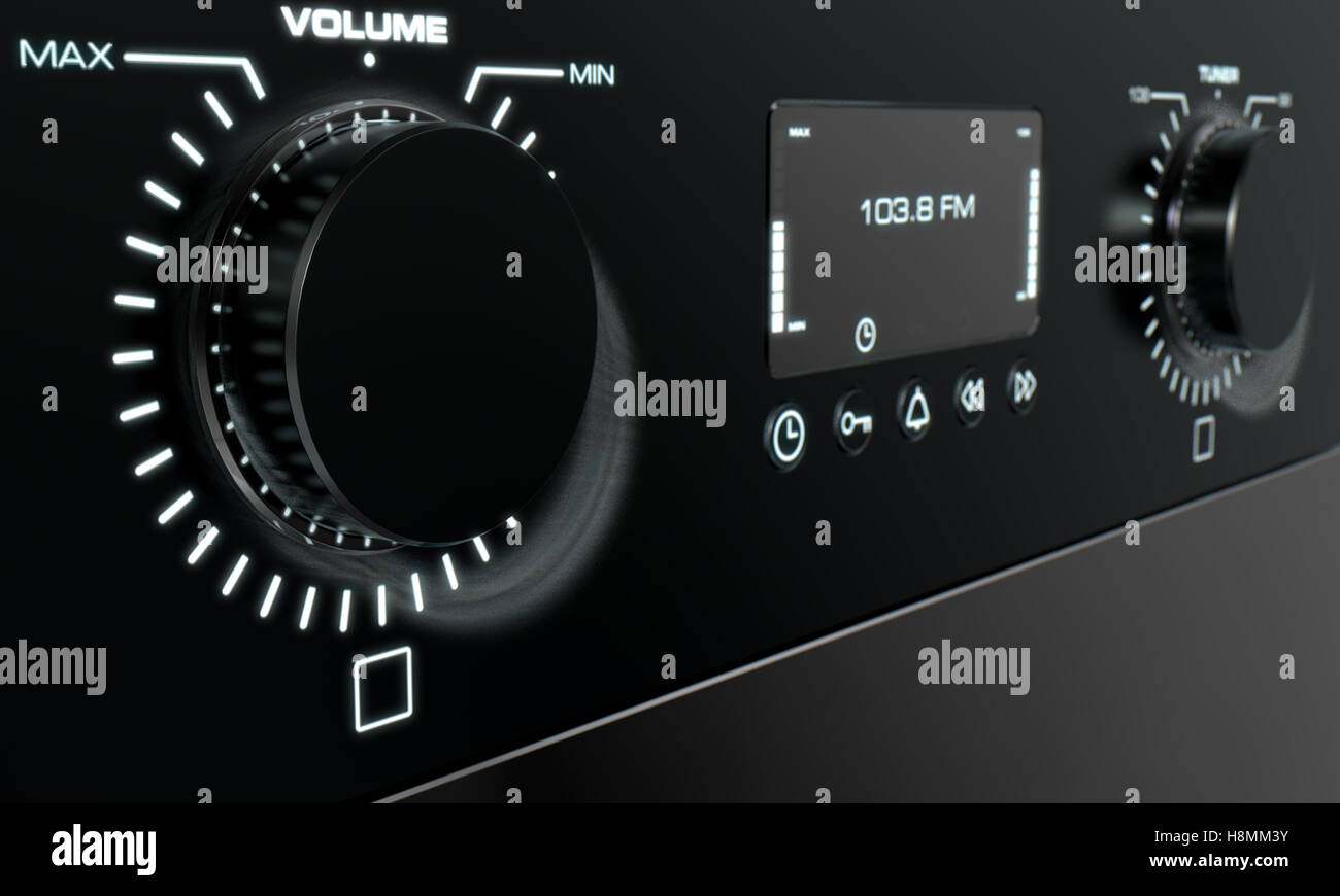 A 3D render closeup of the front face of a modern black radio with ...