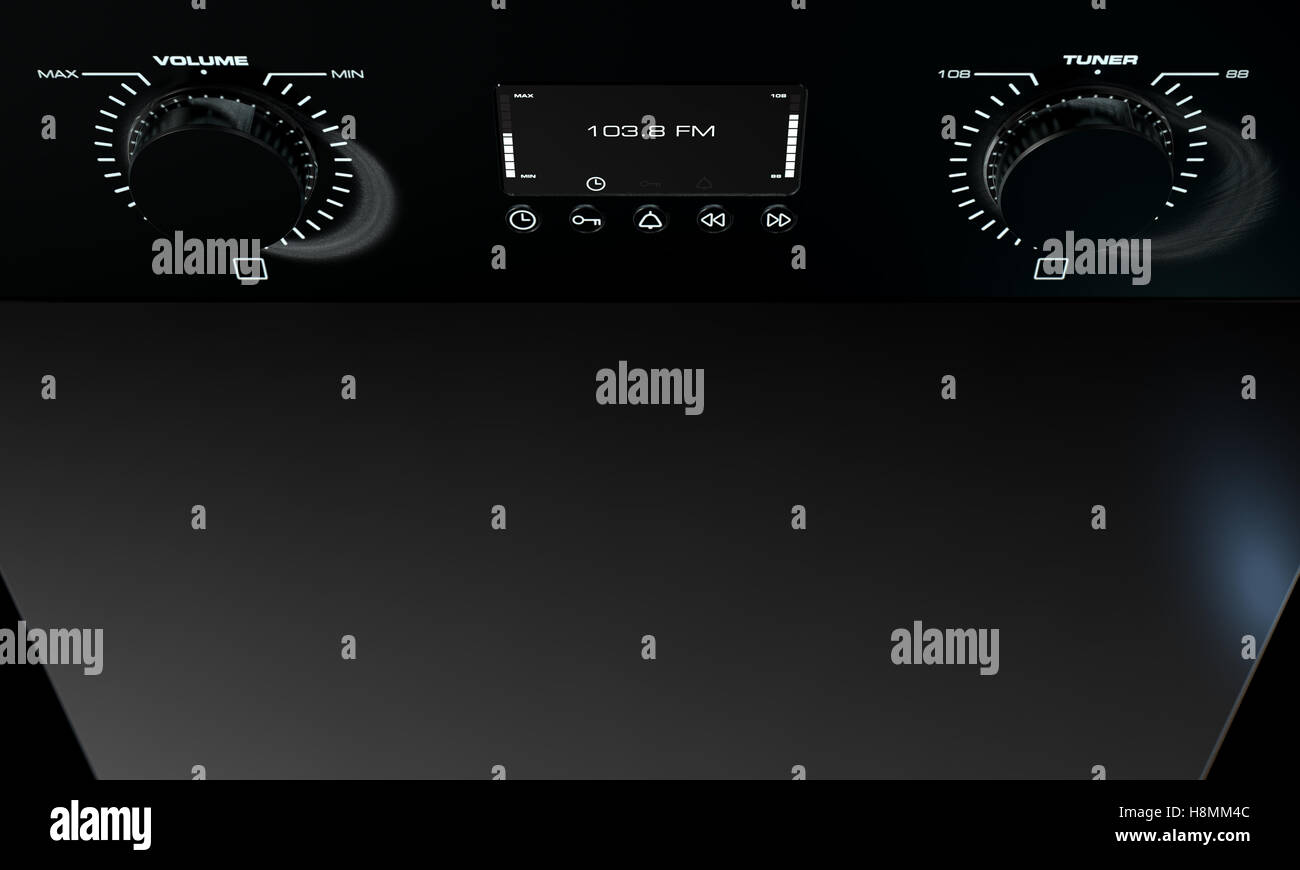 A 3D render closeup of the front face of a modern black radio with ...