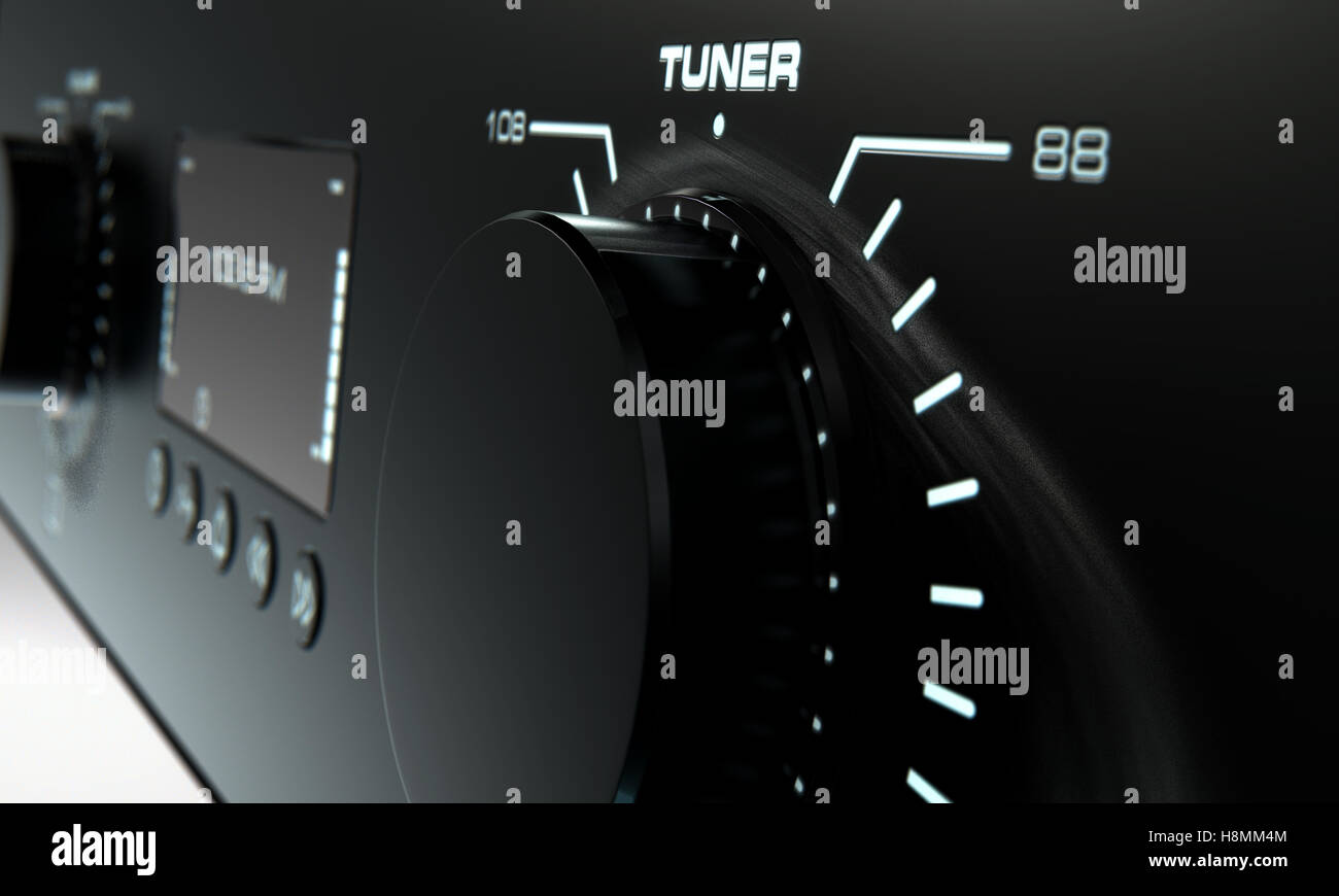 A 3D render closeup of the front face of a modern black radio with ...