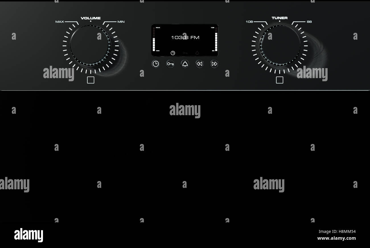 A 3D render closeup of the front face of a modern black radio with ...