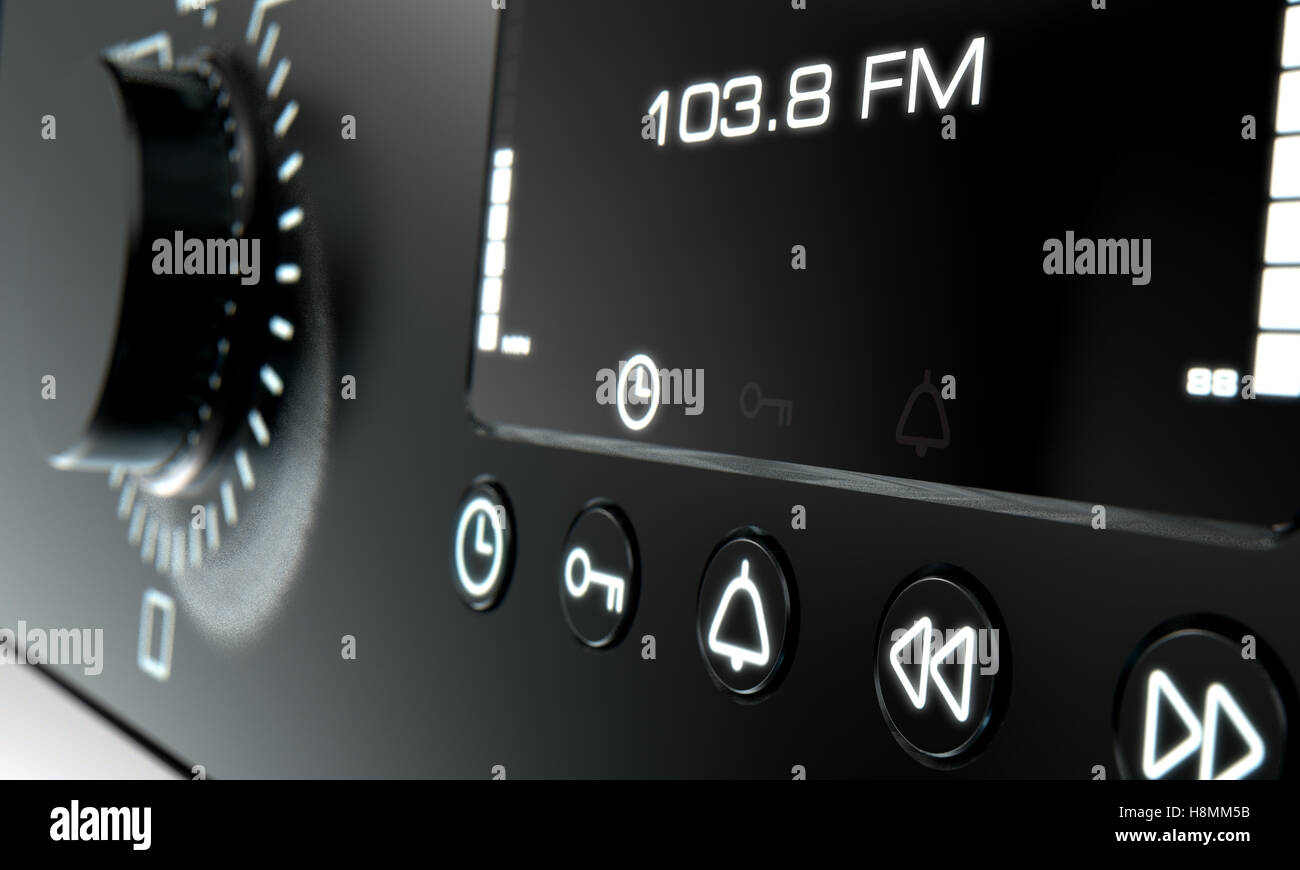 A 3D render closeup of the front face of a modern black radio with ...