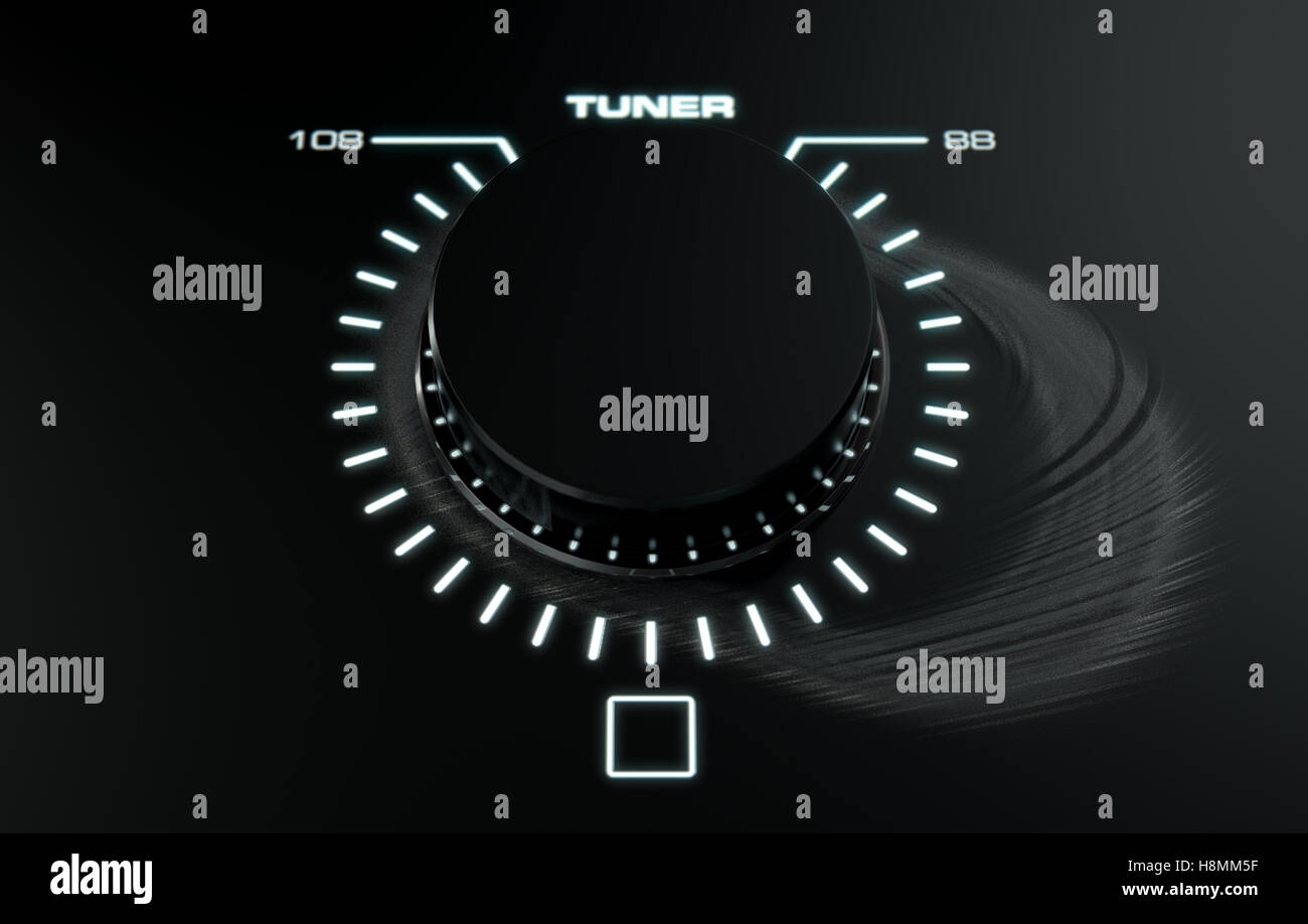 A 3D render closeup of the front face of a modern black radio with ...