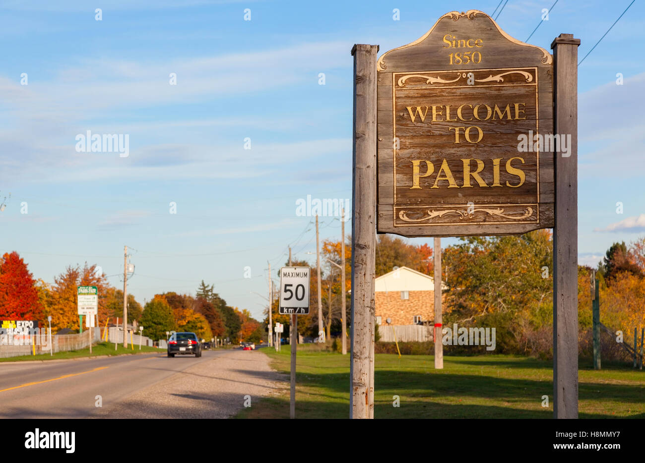 A welcome to Paris sign in Paris, Brant county, Ontario, Canada Stock ...