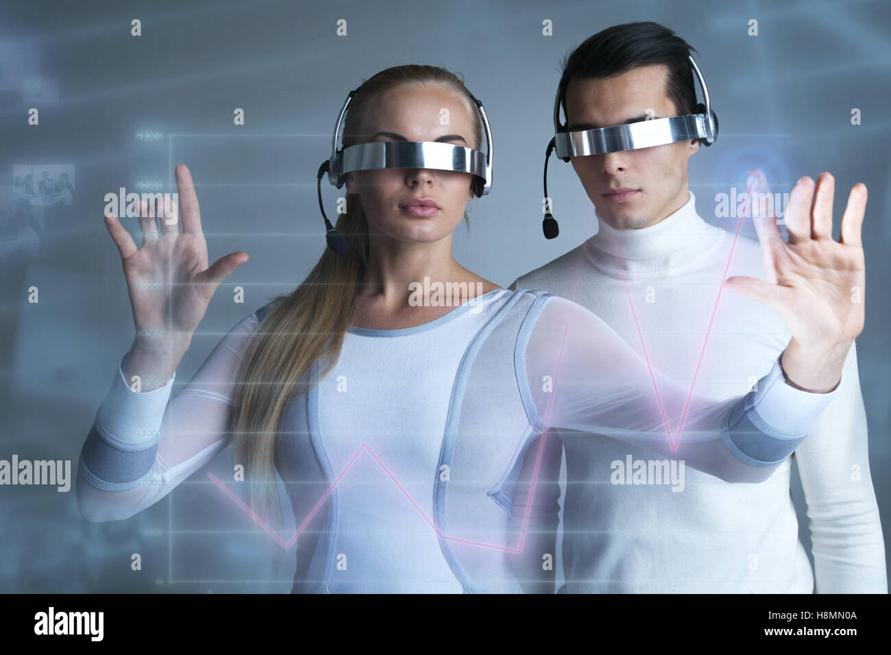People in vr goggles touching a graph indicating growth on virtual ...