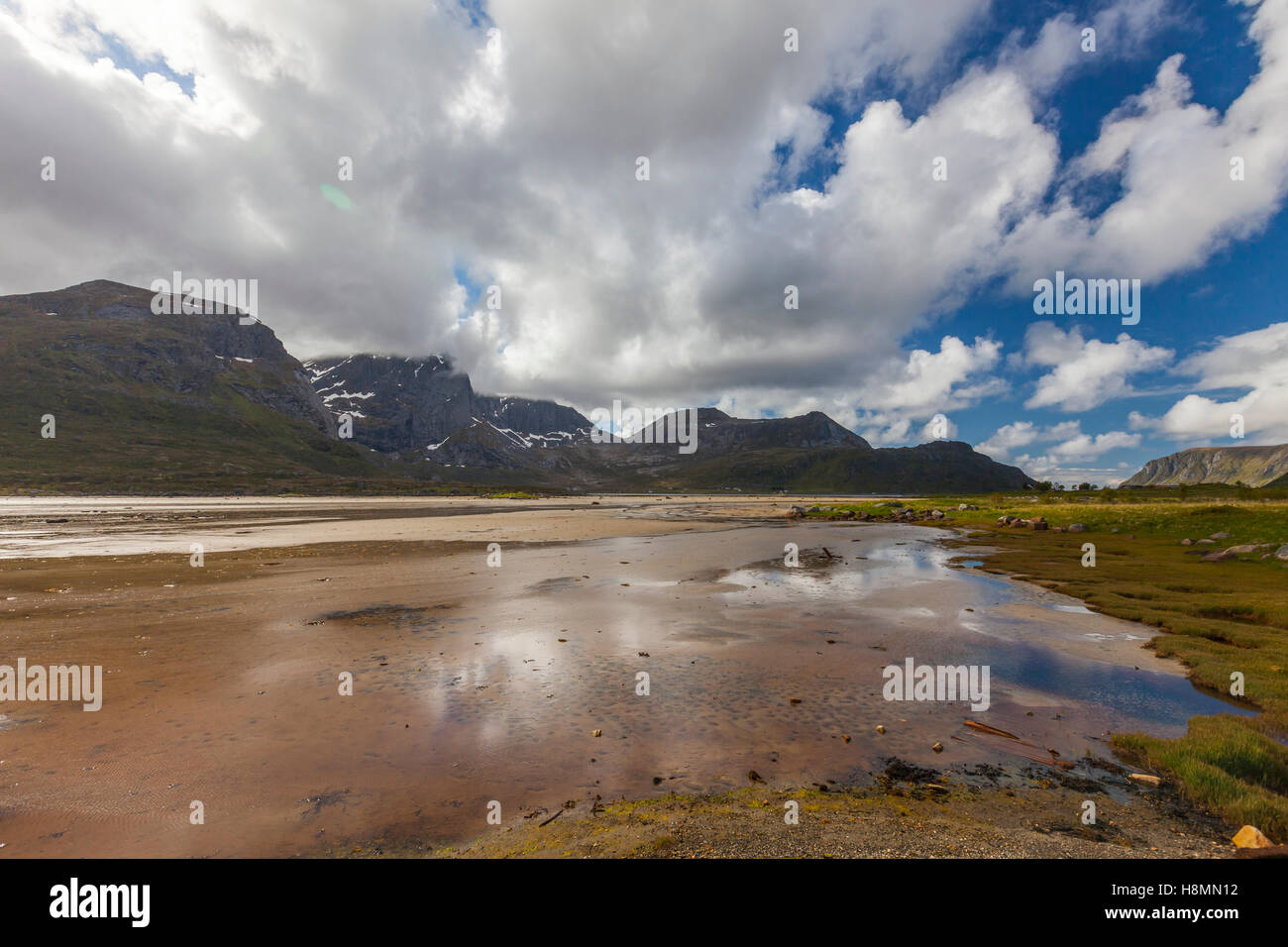 Reflections on the beach at Kilan near Flakstad, Lofoten Islands ...