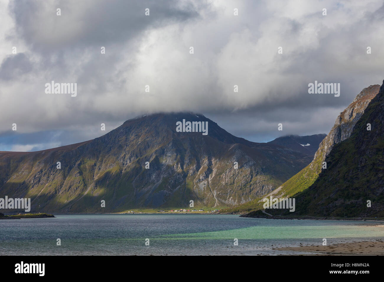 Looking toward Vareid and Flakstad, E10 road. Lofoten Islands, Norway ...