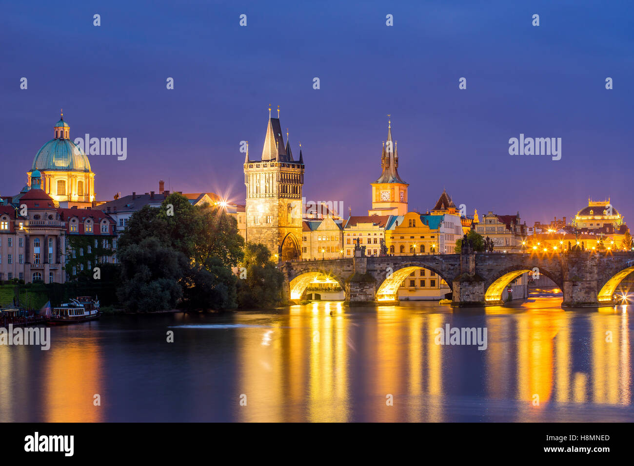 View of the River Vltava and Charles Bridge at Dusk Prague Czech ...