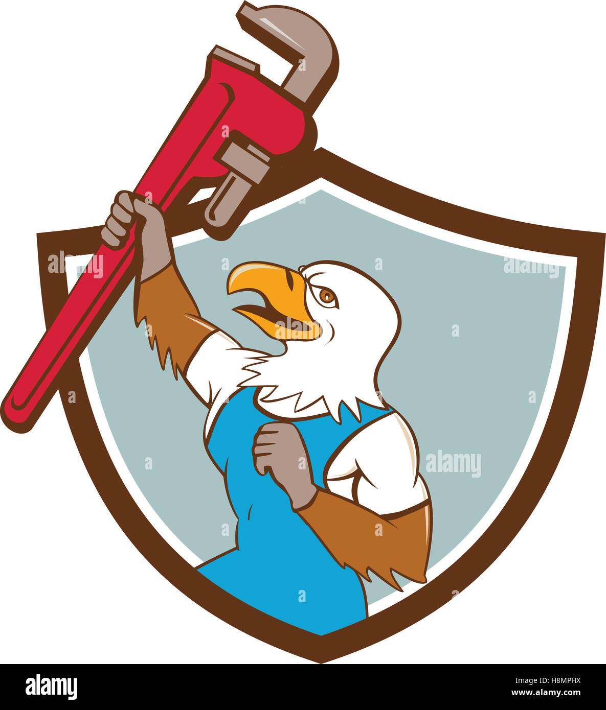 Illustration of a american bald eagle plumber raising up giant pipe ...