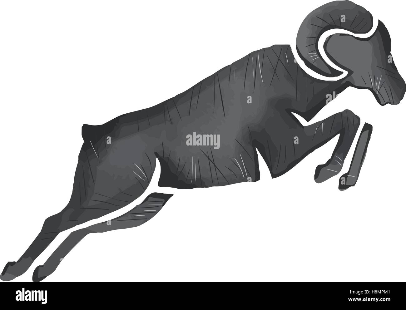 Watercolor style illustration of a silhouette of a ram goat jumping ...