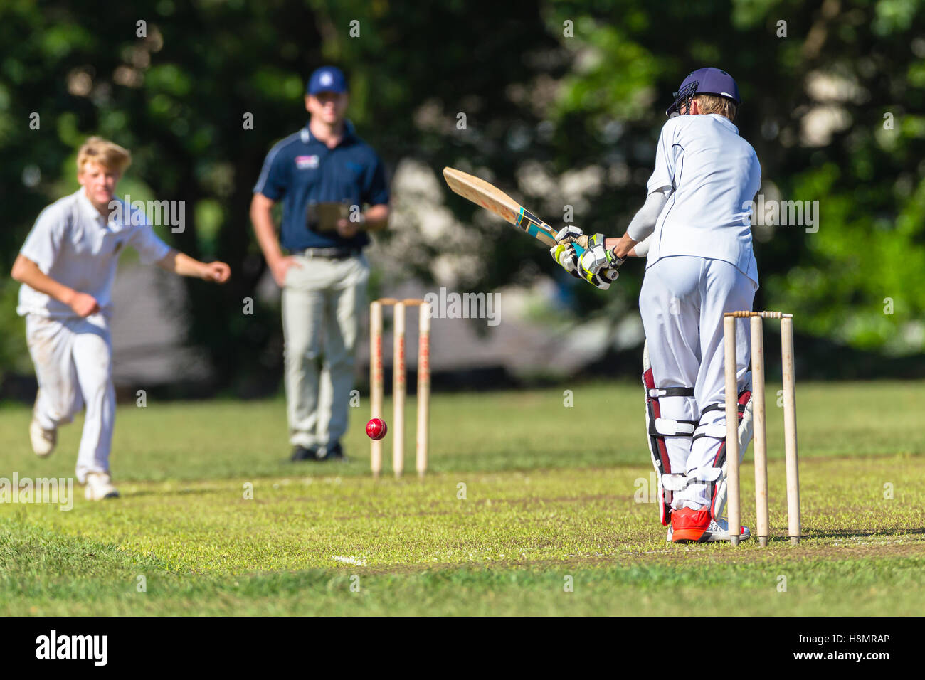 Cricket game teenagers high schools batsman bowler ball striking action ...
