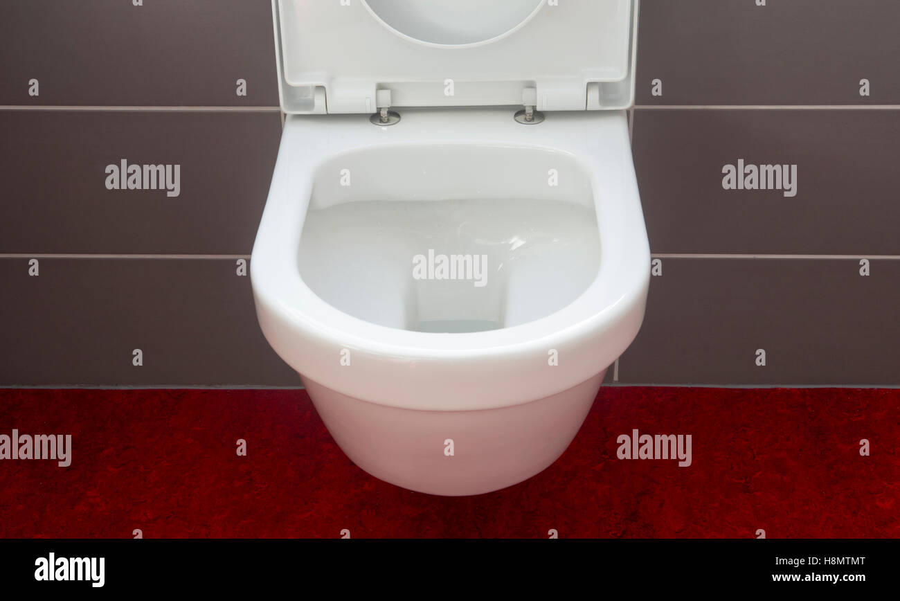 closeup of white toilet bowl and open lid cover Stock Photo - Alamy