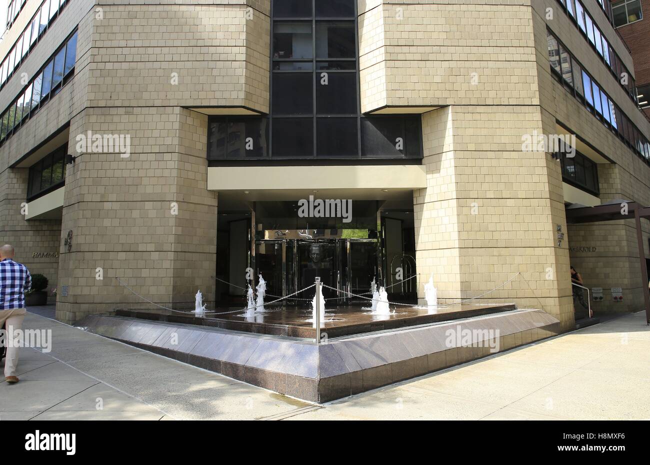 The Dag Hammarskjold Tower with fountain and bust of Dag Hammarskjold ...