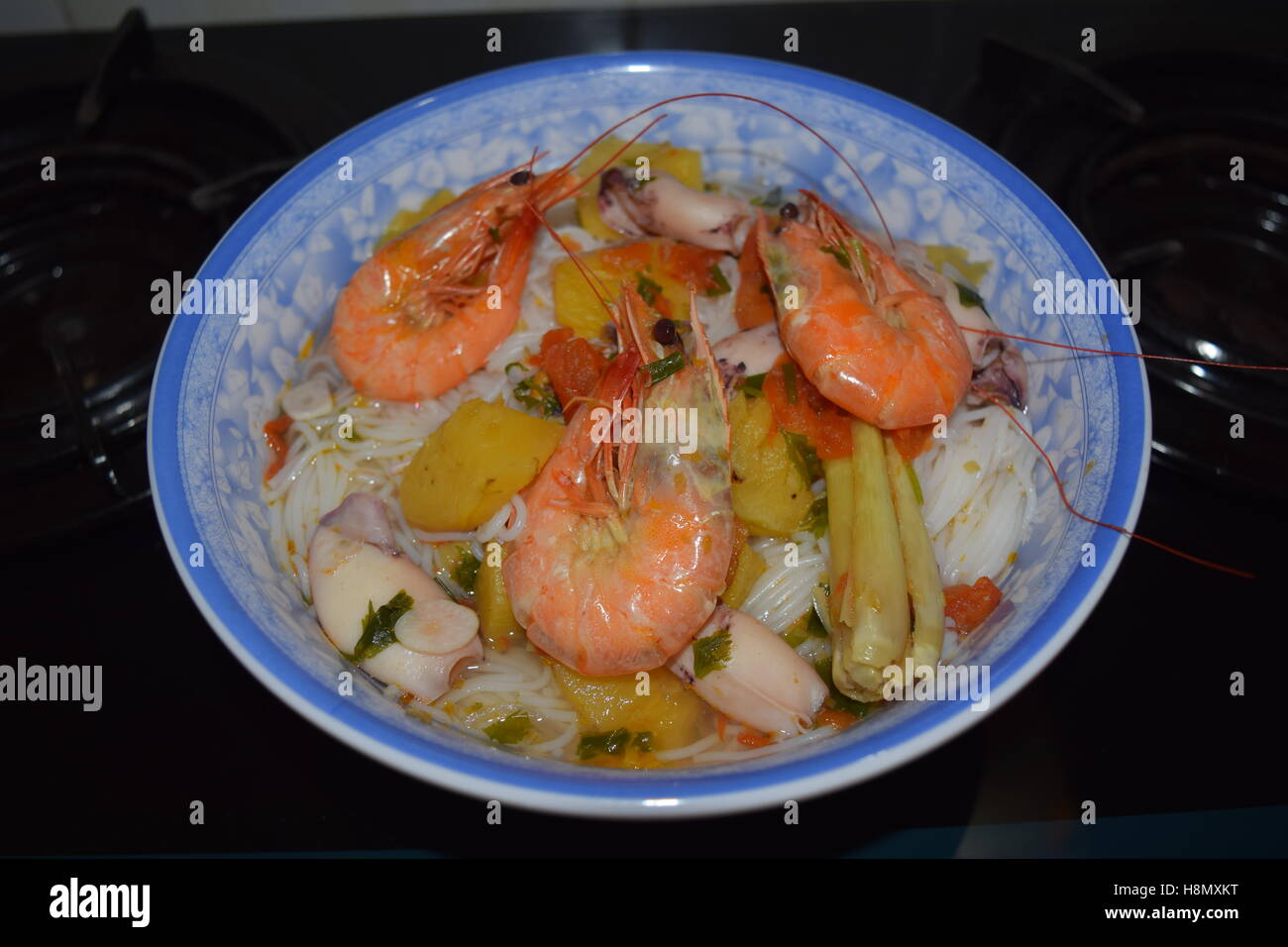 rice noodle or vermicelli with seafood shrimp and cutter Stock Photo ...