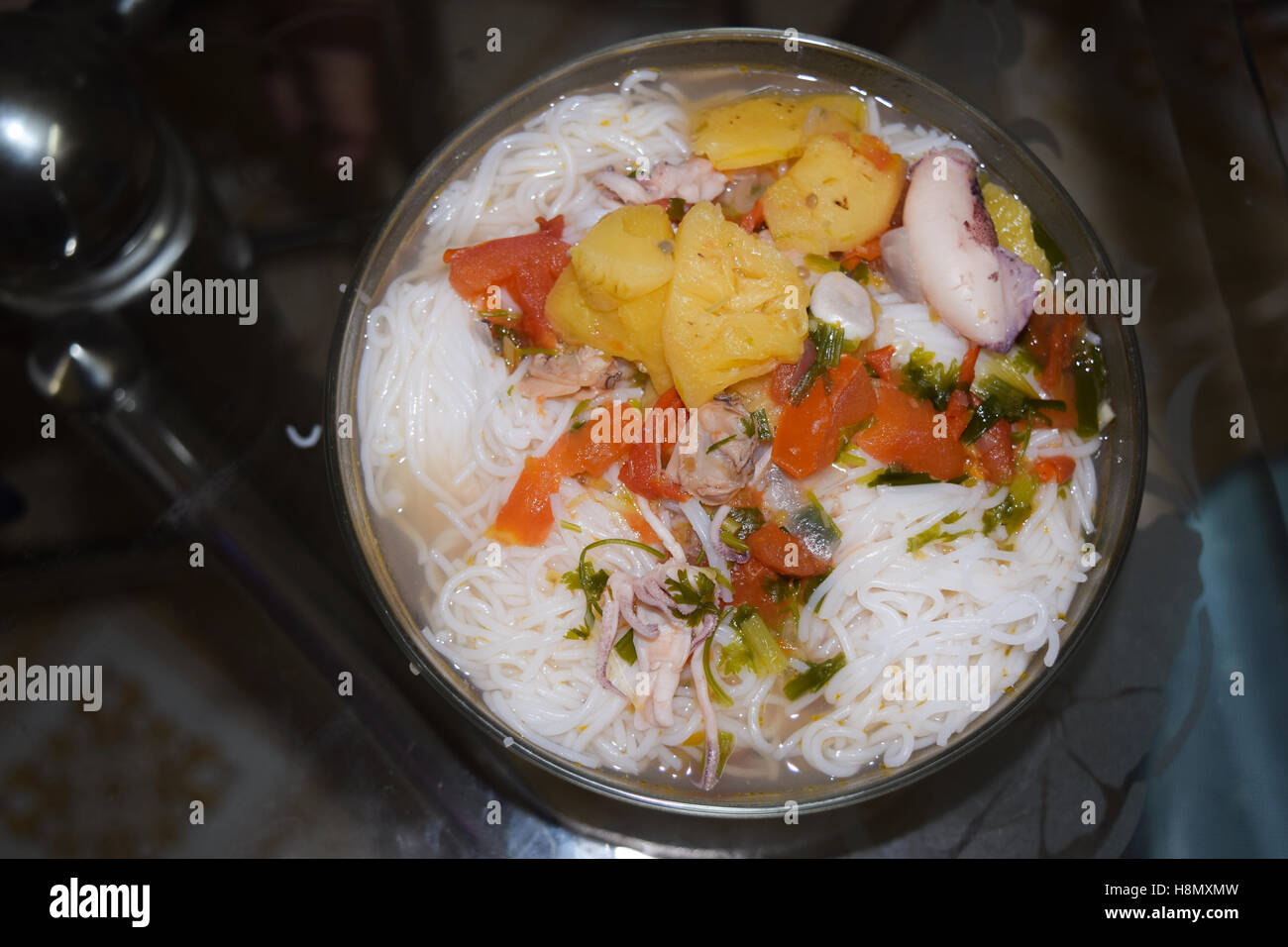 rice noodle or vermicelli with seafood shrimp and cutter Stock Photo ...