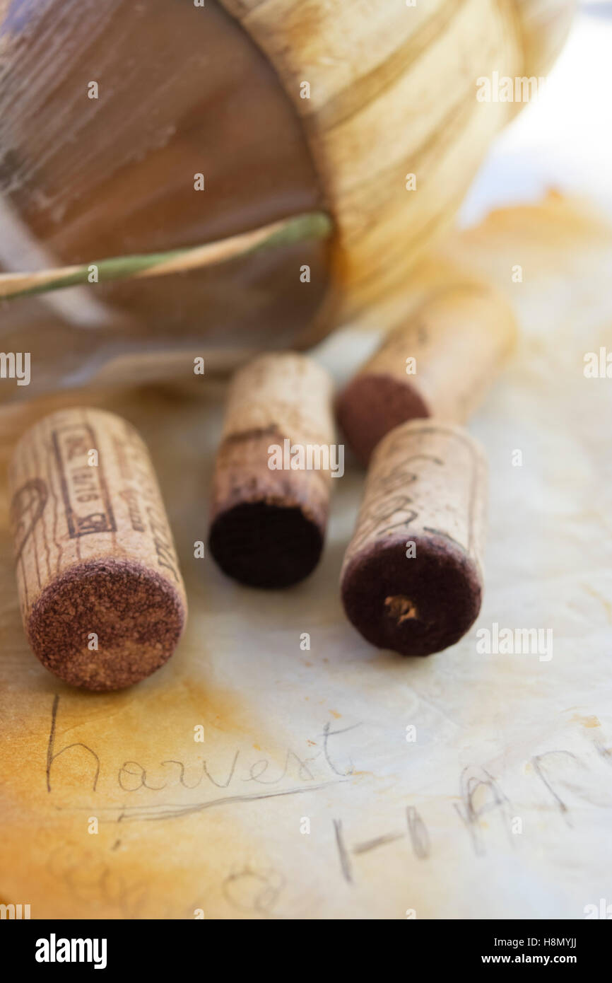 flask of aged wine with old corks Stock Photo - Alamy