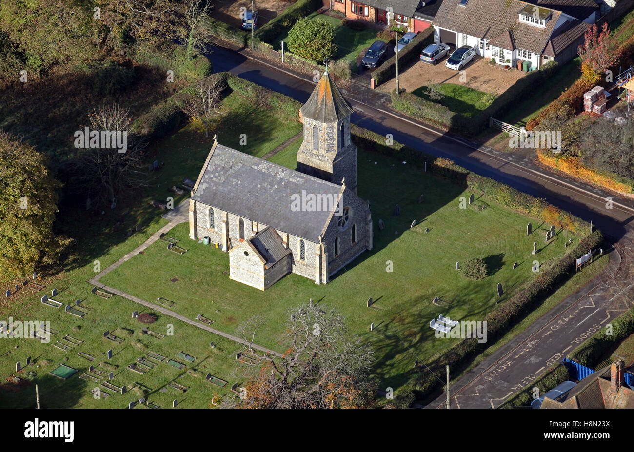 aerial view of St John the Evangelist Church at Stoke Row, Oxfordshire ...