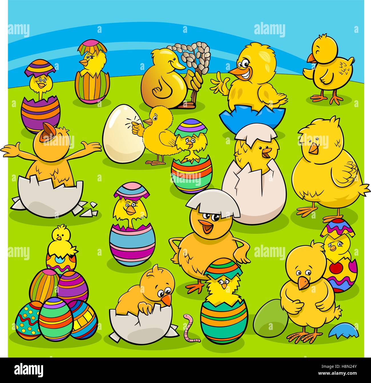 Cartoon Illustration of Happy Easter Chick Characters with Eggs Stock ...