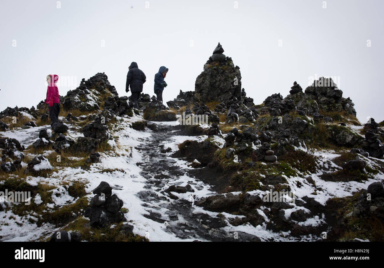 Visitors pile stones at Laufskálavarða in southern Iceland Stock Photo ...