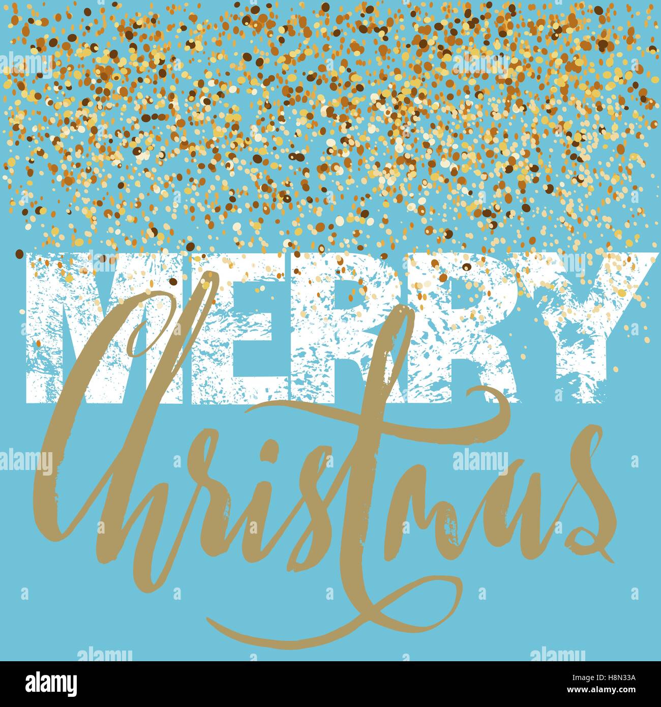 Merry Christmas grunge lettering design on blue background with golden ...