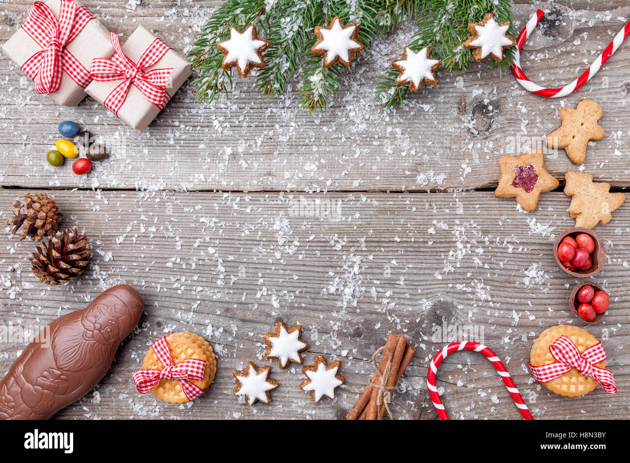 Traditional Christmas decoration and food background with snow Stock ...