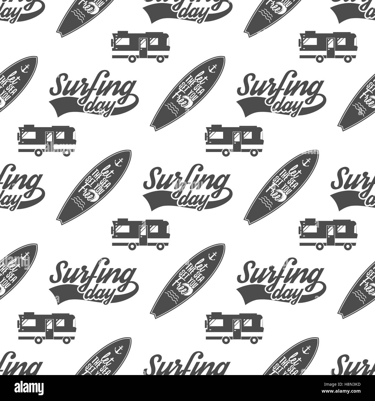 Surfing day pattern design. Summer seamless design with surfer van ...