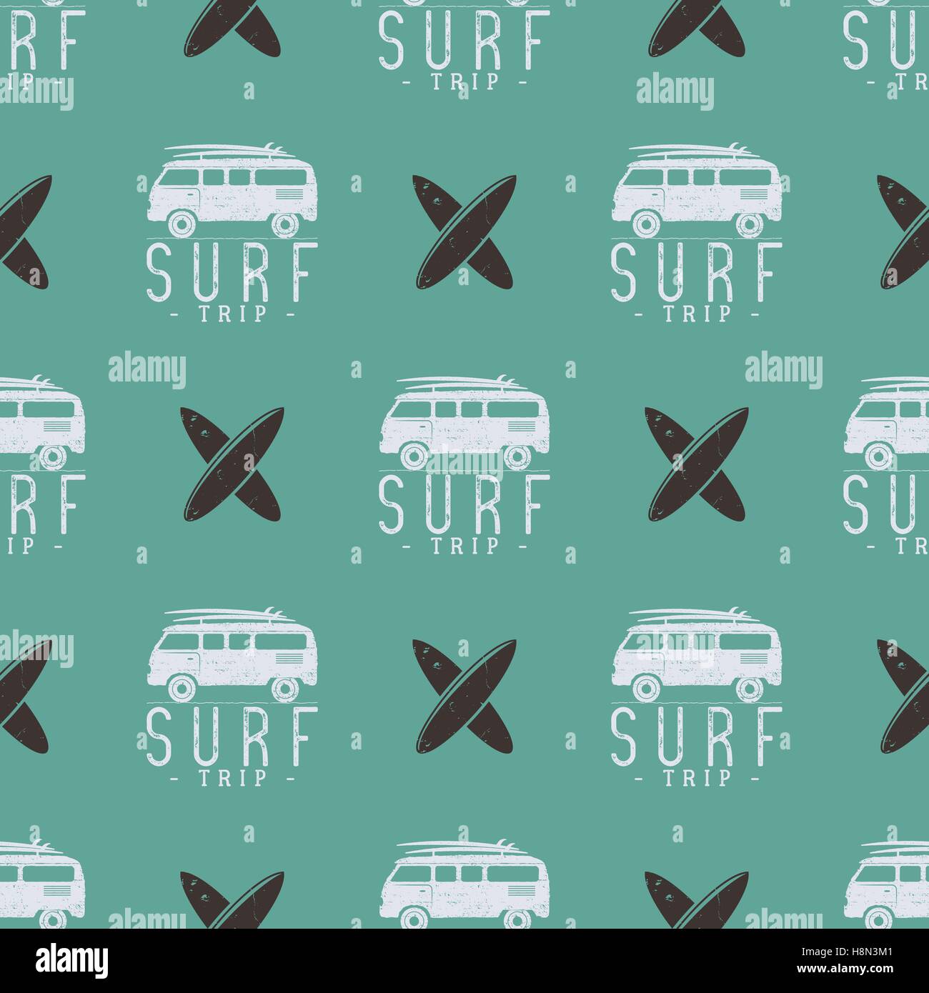 Surfing trip pattern design. Summer seamless with surfer van ...