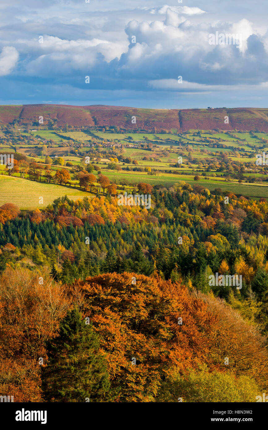 Autumn sunshine highlights the western slopes of the Long Mynd, seen ...