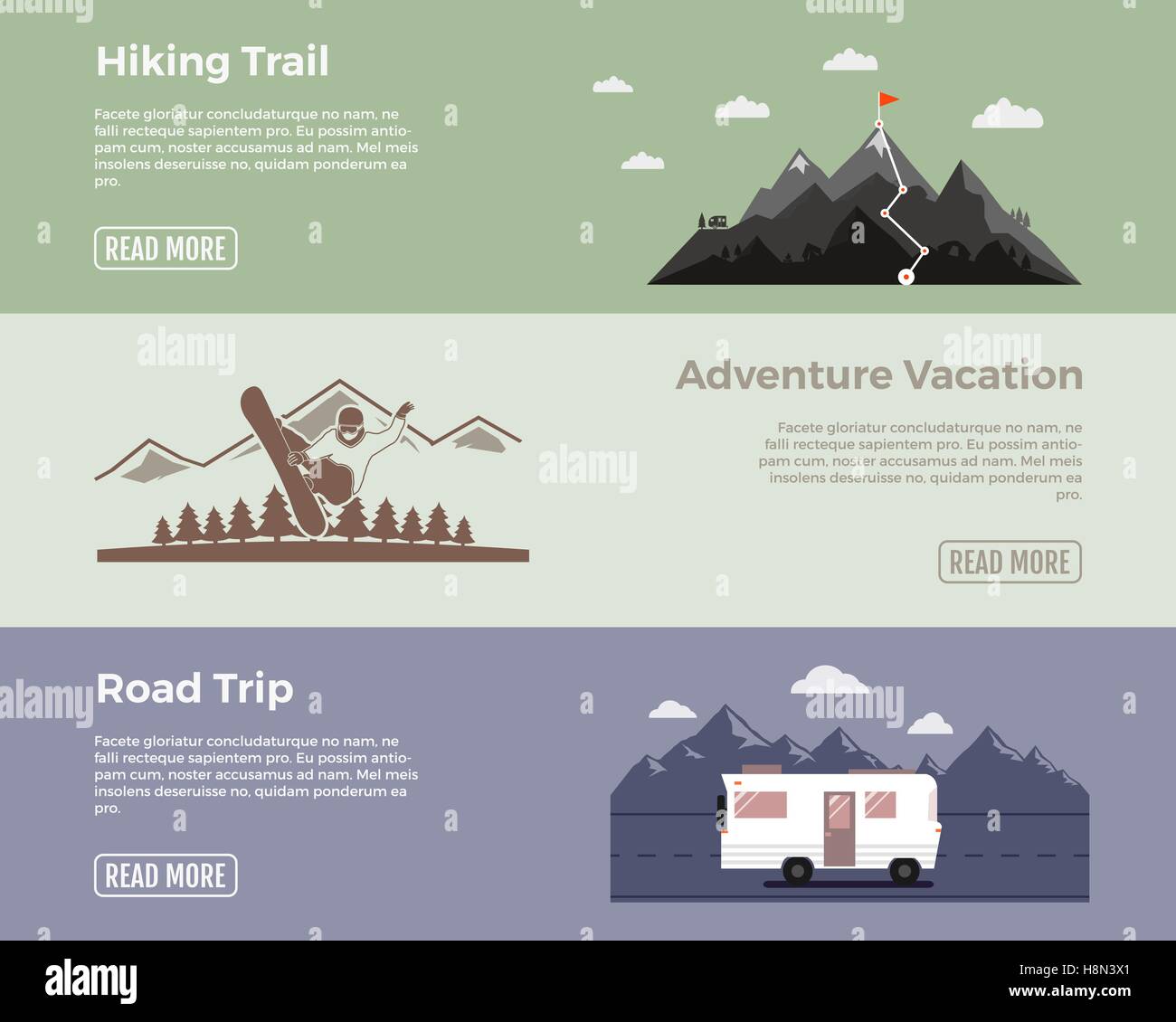 Camping vector flat banners set. Adventure hiking trail banner, extreme ...