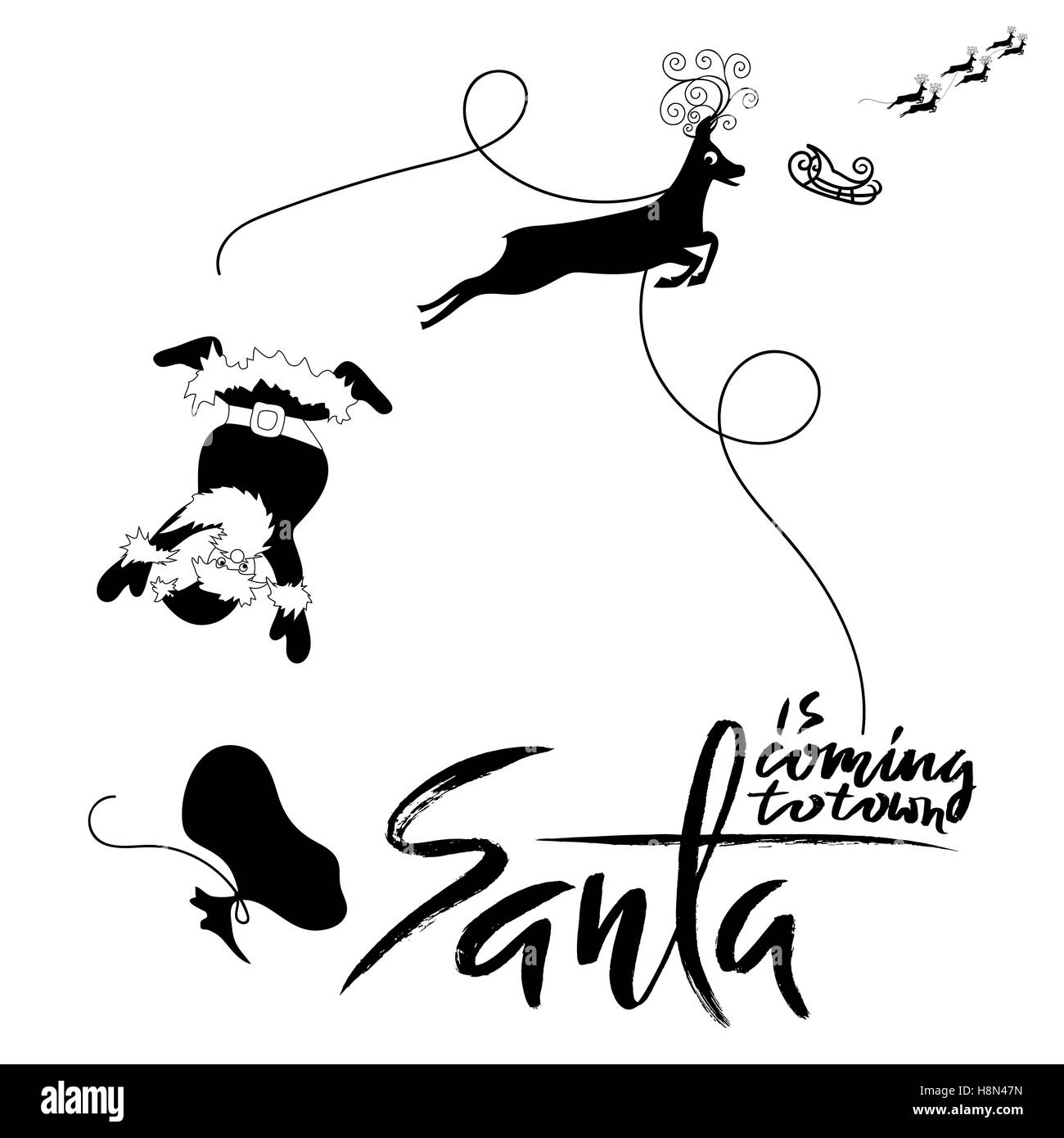 Santa Claus fall from sleigh with harness on the reindeer. Black and ...