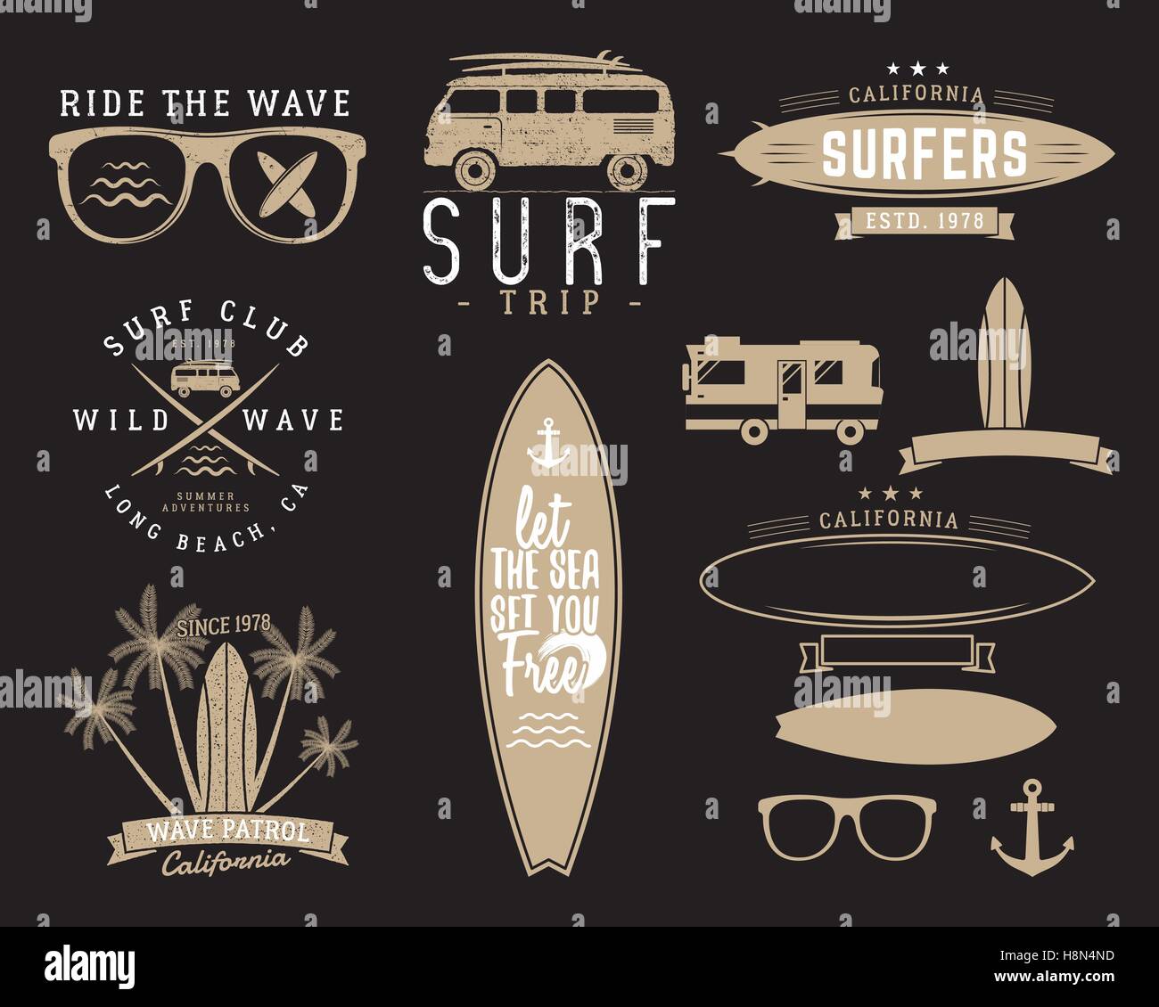Set of Vintage Surfing Graphics and Emblems for web design or print ...