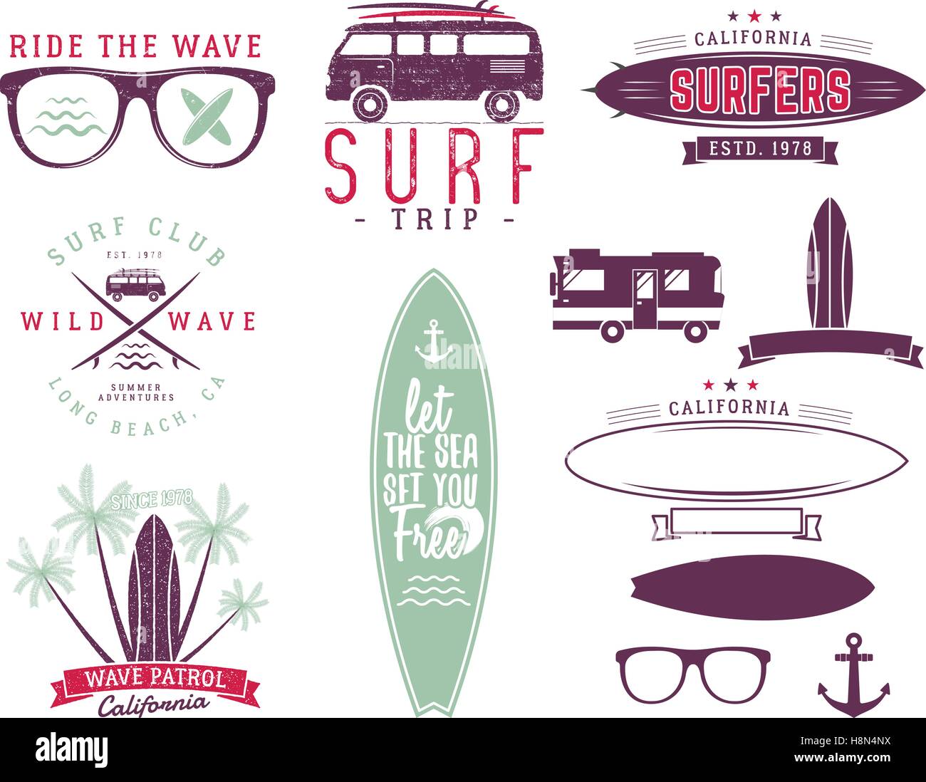 Set of Vintage Surfing Graphics and Emblems for web design or prints ...
