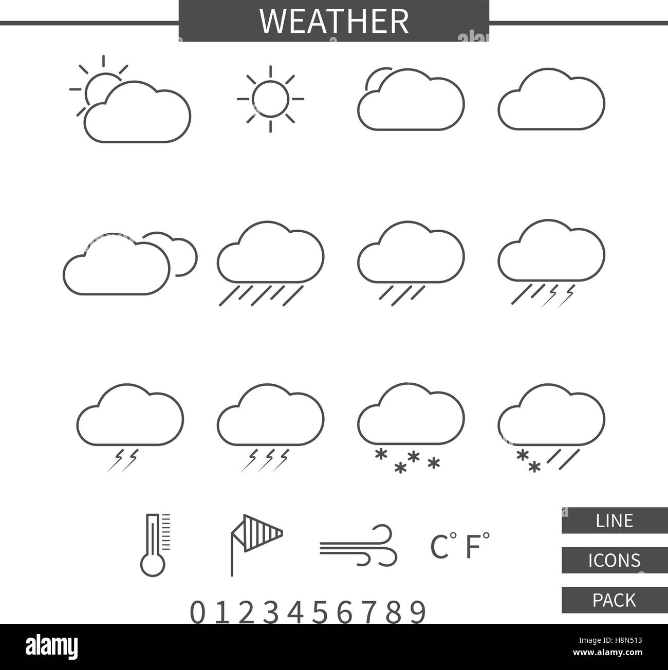 Weather line icons set. Monochrome thin line elements isolate on white ...
